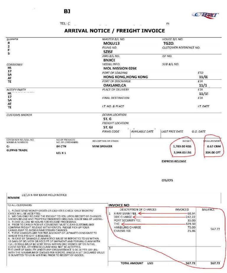 Less Container Load Arrival Notice Fees - e Customs Clearing