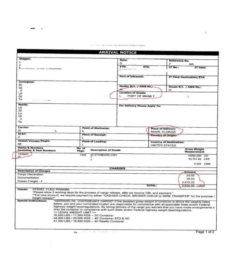 Full Container Load Arrival Notice Fees - e Customs Clearing