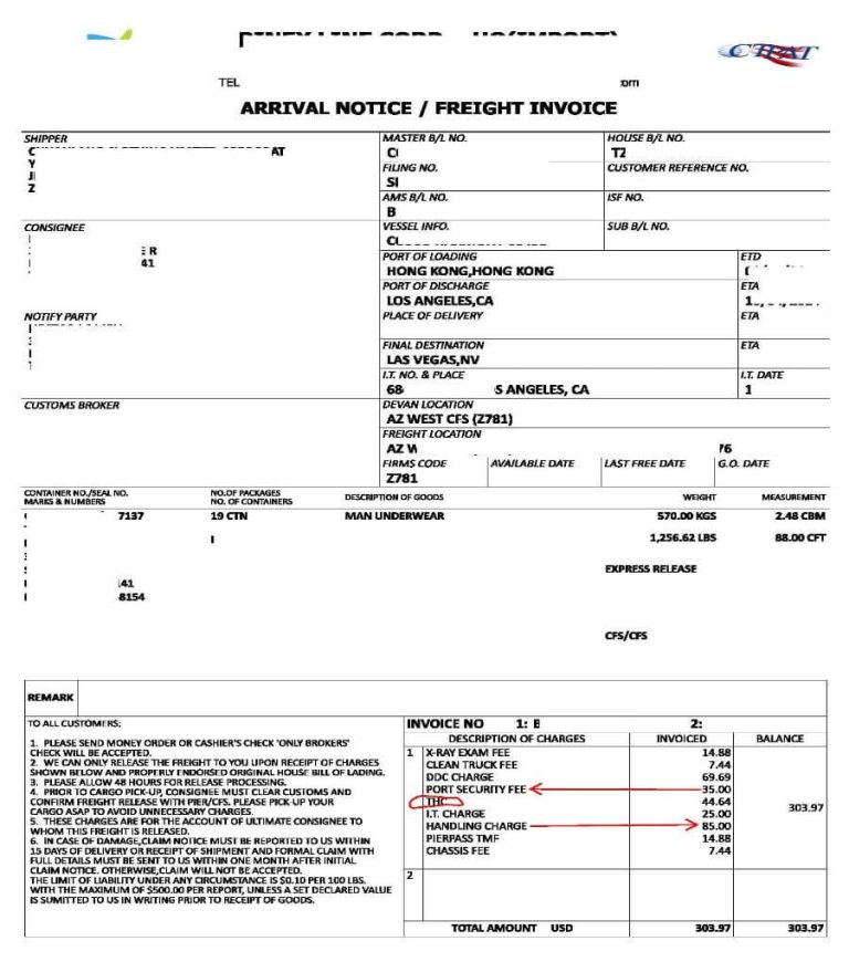 Less Container Load Arrival Notice Fees - e Customs Clearing