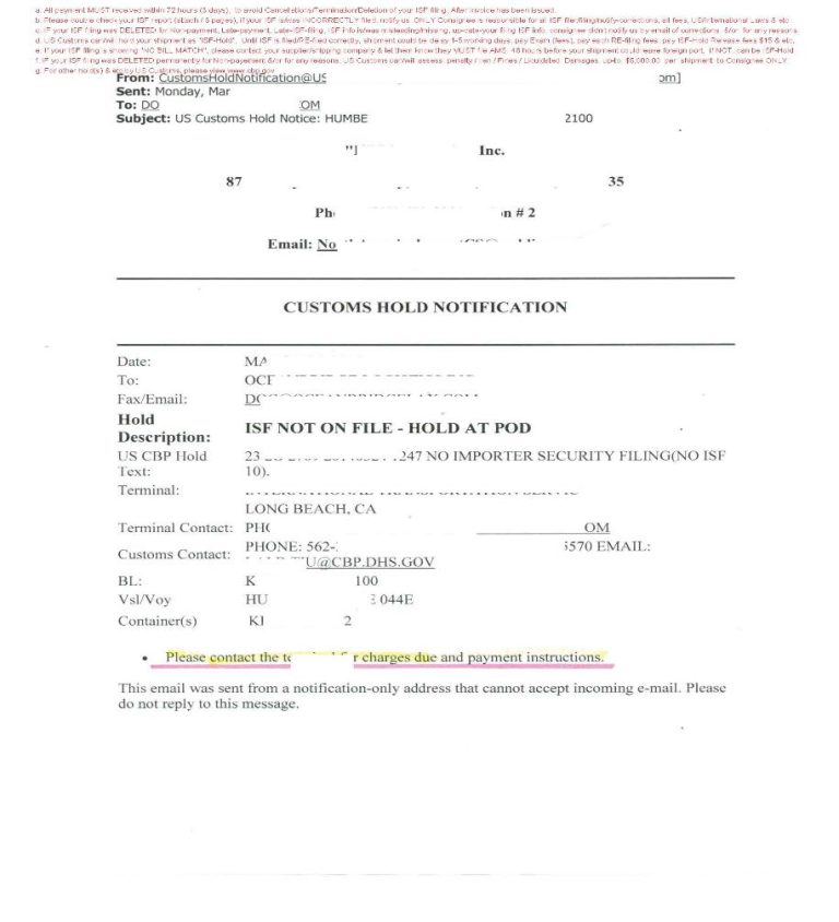 Notice ISF Hold – e Customs Clearing