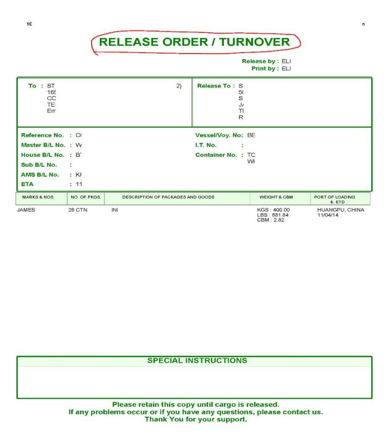 Freight Release Notice - e Customs Clearing